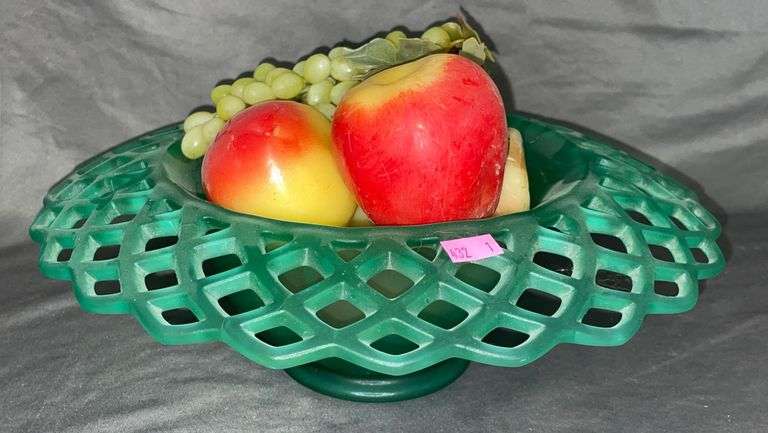 Green Frosted Glass Bowl with Openwork Rim and Assorted Artificial ...