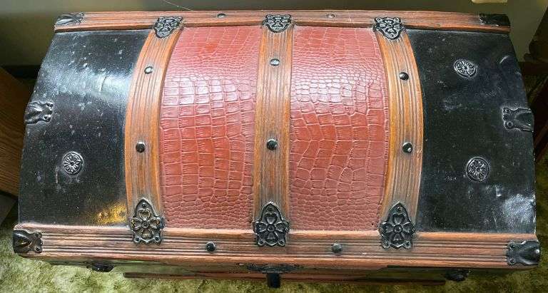 Camel Back Trunk with Embossed Panels, Metal Hardware, and Wood Accents ...