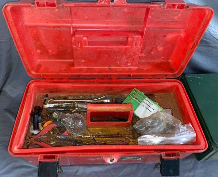 Red Plastic Tool Box with Handle and Contents Including Screwdrivers ...