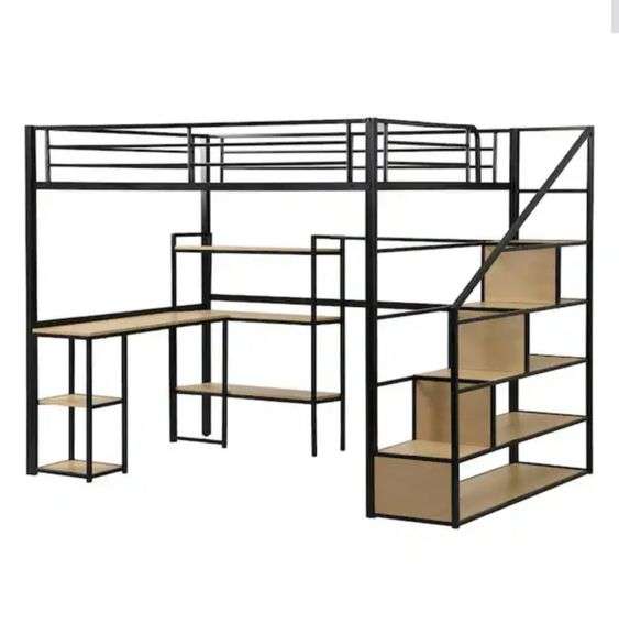 Polibi Full Size Metal Loft bed with Staircase, Built-in Desk and Shelves, Black - Metzger ...