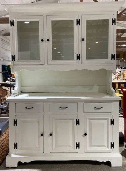 2 Piece Painted White Hutch with Glass-Panel Upper Cabinets and Storage ...