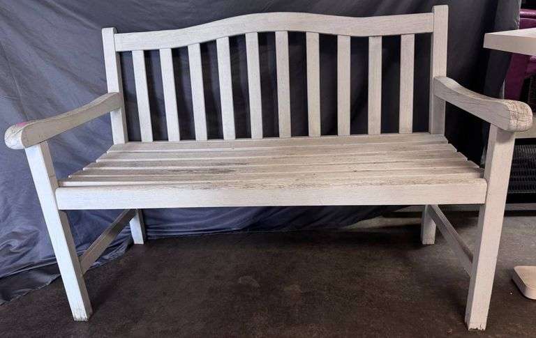 Slatted White Outdoor Bench with Curved Backrest - Metzger Property ...