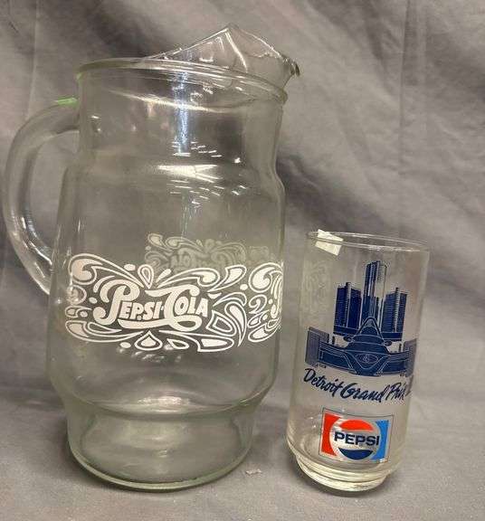 Pepsi-Cola Glass Pitcher and Detroit Grand Prix Pepsi Glass - Metzger ...