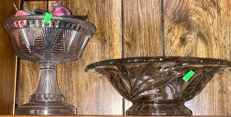 Pressed Glass Compote and Wide-Rim Bowl with Geometric and Leaf Motifs ...