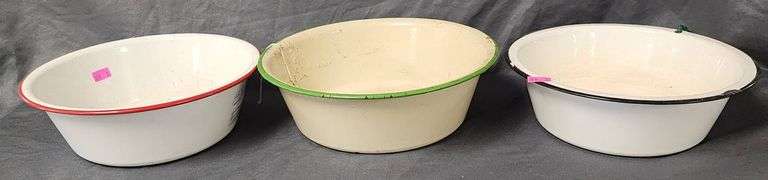 Three Enameled Metal Basins with Colored Rims - Metzger Property ...