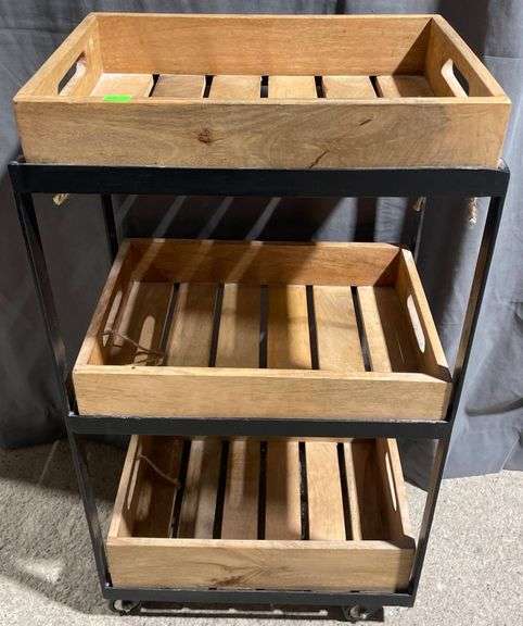Metal Frame Cart with Three Slatted Wood Trays on Casters - Metzger ...