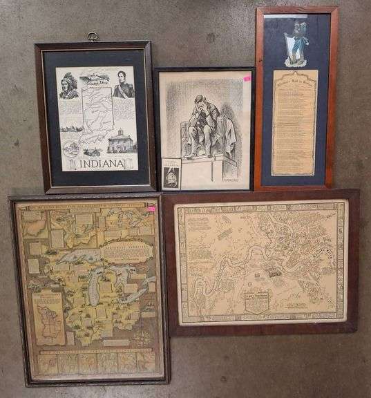 Five Framed Historical Prints and Documents Including Indiana Entered ...