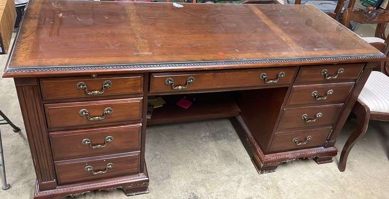 Wooden Desk with glass Protector has broken corner 66”x26” - Metzger ...