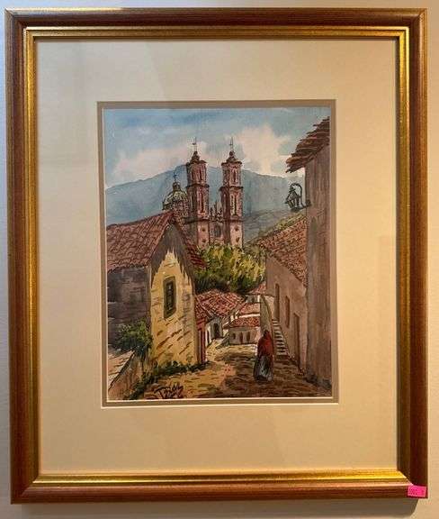 Framed Watercolor Painting of a Village Scene With Church Towers ...