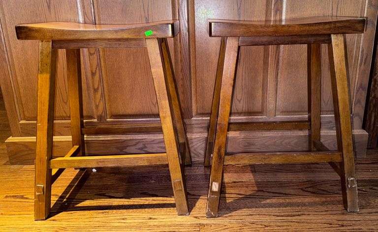 Set of Two Wood Saddle-Style Bar Stools, 23x17x10 Inches Each - Metzger ...