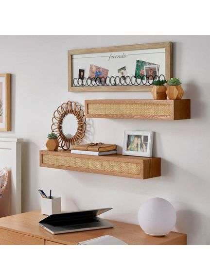 STYLEWELL - Natural Wood Floating Wall Shelves with Rattan Caning ...
