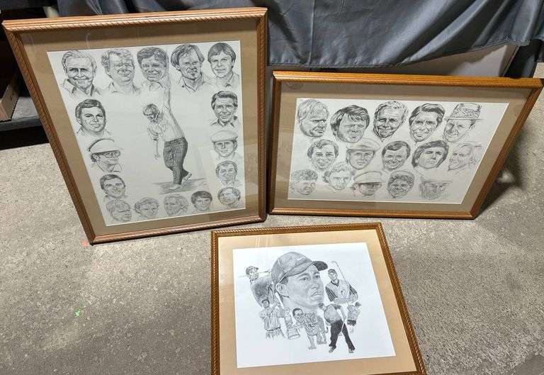 Three Framed Golf-Themed Pencil Illustrations Featuring Tiger Woods and ...