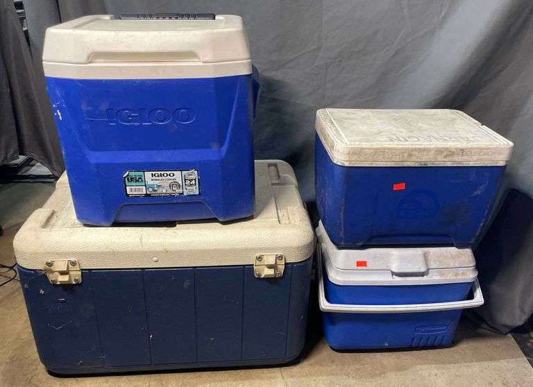 4 Blue and White Igloo and Coleman Coolers - Metzger Property Services, LLC