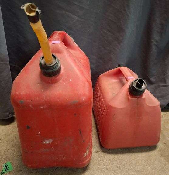 Two Red Plastic Gasoline Containers with Spout Attachments 2.5 & 5 Gal ...