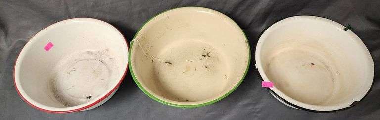 Three Enameled Metal Basins with Colored Rims - Metzger Property ...