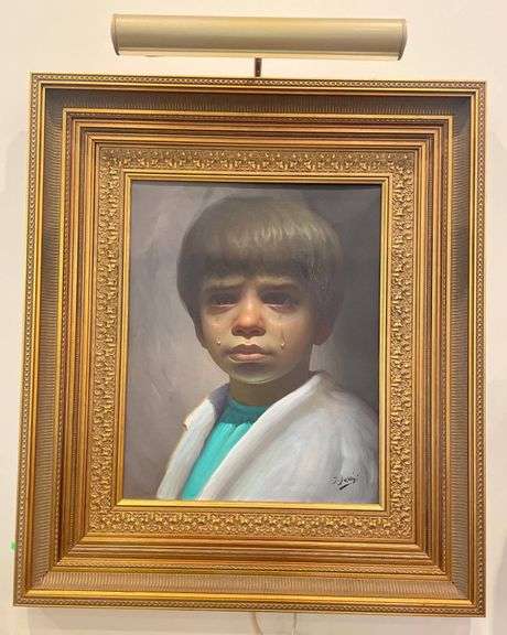 I. Devini Oil Painting of a Crying Child in Ornate Gold Frame, Signed ...