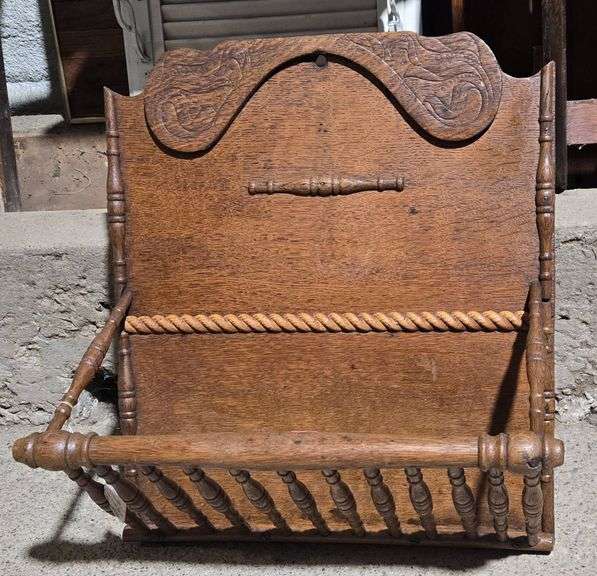 Wall-Mounted Wood Magazine Rack with Carved Details and Spindle Shelf ...