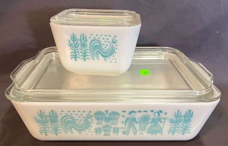 Pyrex Glass Refrigerator Dishes with Lids, White with Teal Rooster and ...