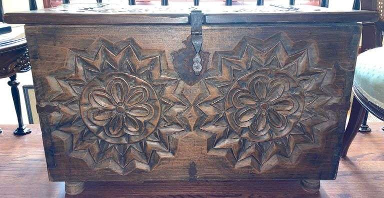 Hand-Carved Chest With Sunburst Motif and Hinged Lid, 20”Hx32”L ...