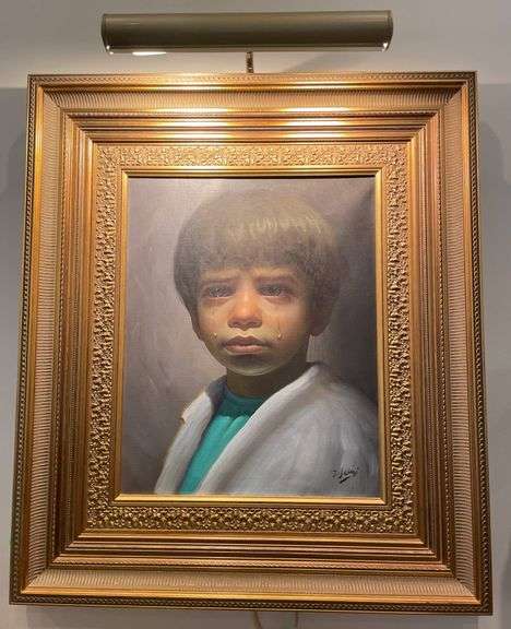 I. Devini Oil Painting of a Crying Child in Ornate Gold Frame, Signed ...