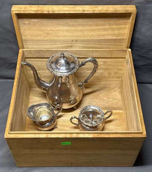 Tea Set Marked Sterling with Wood Storage Box - Metzger Property ...