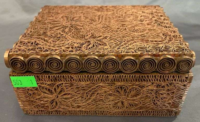 Metal Filigree Rectangular Box with Floral Patterns - Metzger Property ...