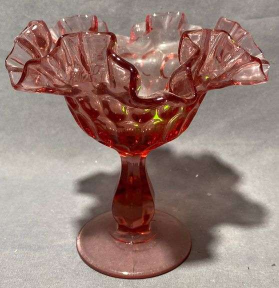 Pink Glass Compote with Ruffled Edge and Hobnail Pattern, 5″H - Metzger ...