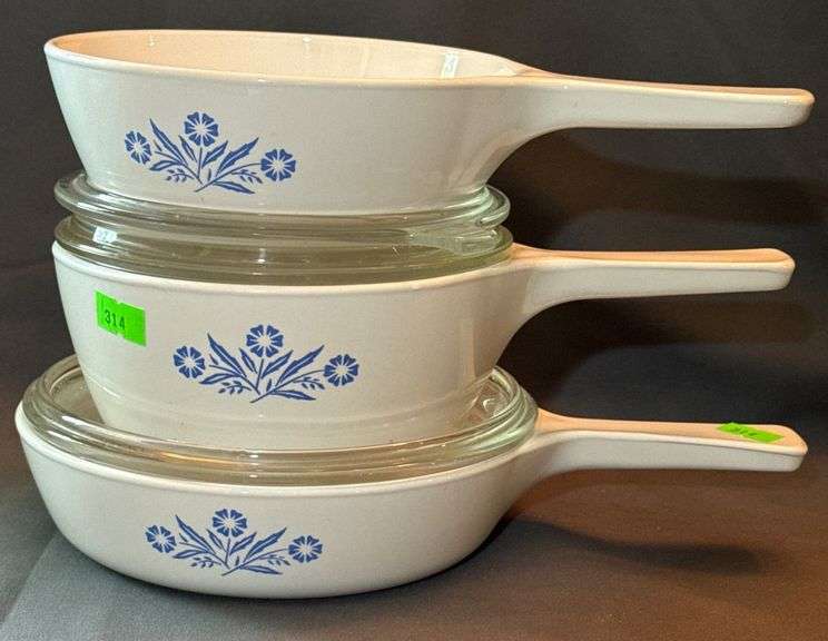 3 Corning Ware Saucepans with Glass Lids, Blue Cornflower Pattern ...