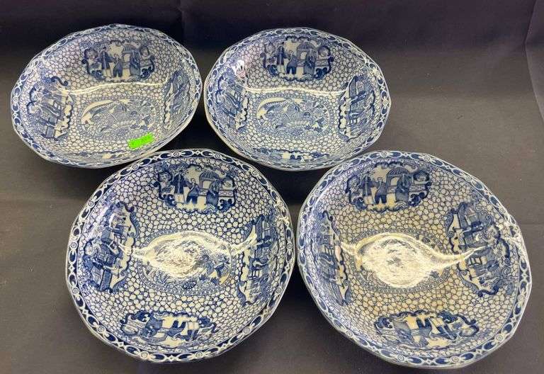 4 Blue and White Bowls by W. Adams, English Pottery - Metzger Property ...