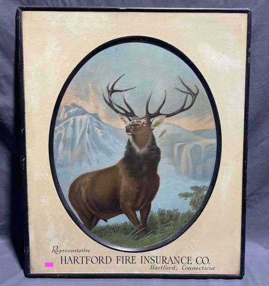 Framed Hartford Fire Insurance Co. Advertising Artwork with Elk Motif ...