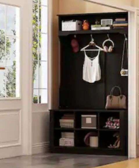 FUFU&GAGA Black Painted Hall Tree with Shoe Bench, Hanging Hooks, and ...