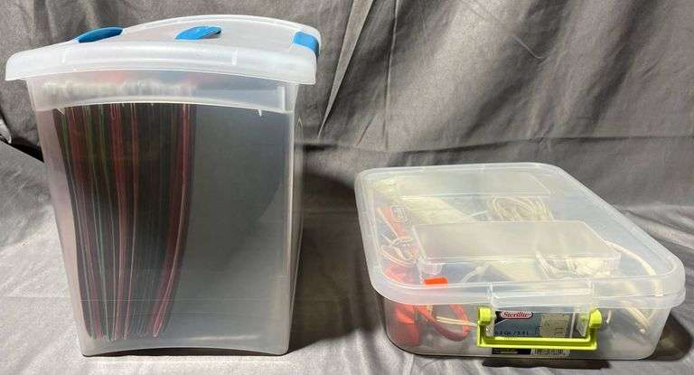 Two Plastic Storage Bins Containing Hanging File Folders and Electrical ...