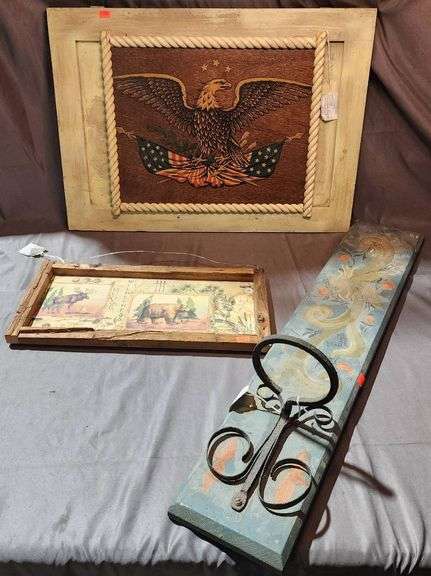 Framed Eagle Art, Wildlife Print, and Painted Board with Iron Elements ...