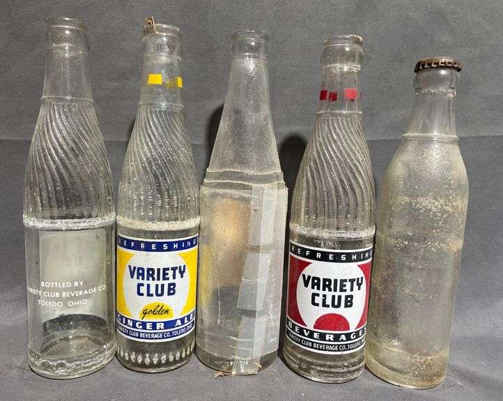 Five Glass Soda Bottles Including Hires Root Beer and Variety Club ...