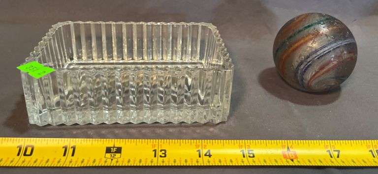Clear Cut Glass Rectangular Dish with Multi-Color Swirl Glass Marble ...