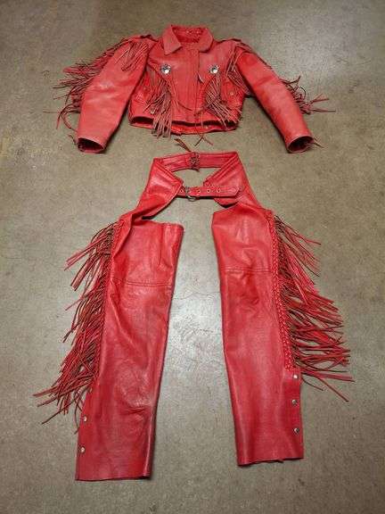 Red Leather Fringe Jacket and Chaps Set with Silver-Tone Accents ...