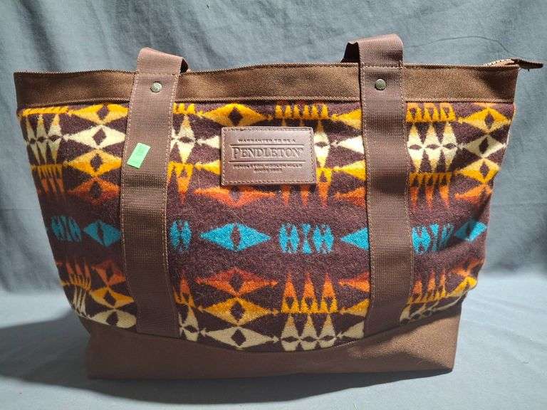 Pendleton Wool Tote Bag with Geometric Pattern and Brown Accents ...