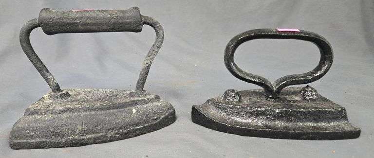 Two Cast Iron Clothing Irons with Handles - Metzger Property Services, LLC
