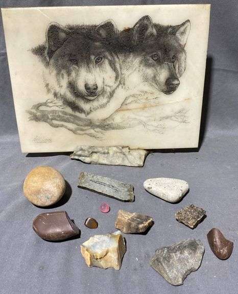 Wolf Illustration on Marble Plaque with Stones - Metzger Property ...