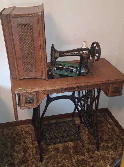 Singer Model 27 Treadle Sewing Machine with Accessories and Cabinet ...
