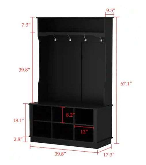 FUFU&GAGA Black Painted Hall Tree with Shoe Bench, Hanging Hooks, and ...