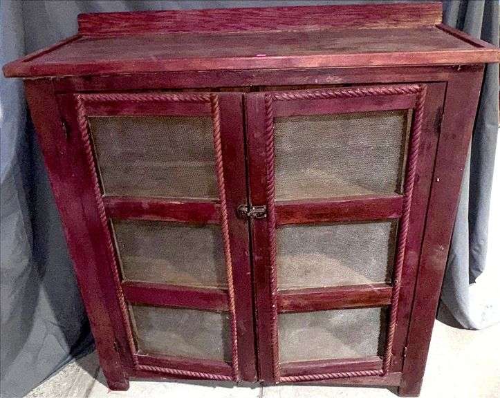 Primitive Red, Two-Door Cabinet with Mesh Paneling and Shelving ...