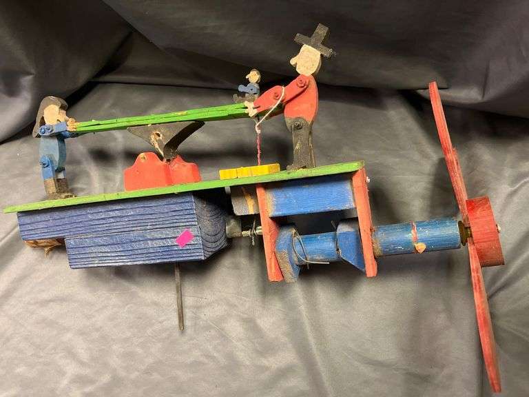 Handmade Kinetic Windmill Model with Painted Figures and Red Propeller ...