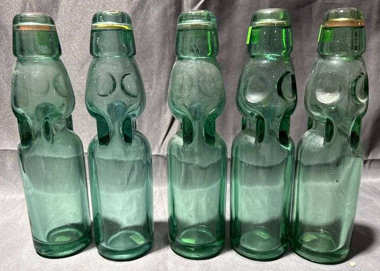 Set of Five 8-Inch Green Glass Codd-Style Bottles - Metzger Property ...