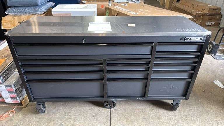 Husky 72 in. W x 24 in. D Heavy Duty 18-Drawer Mobile Workbench Cabinet ...