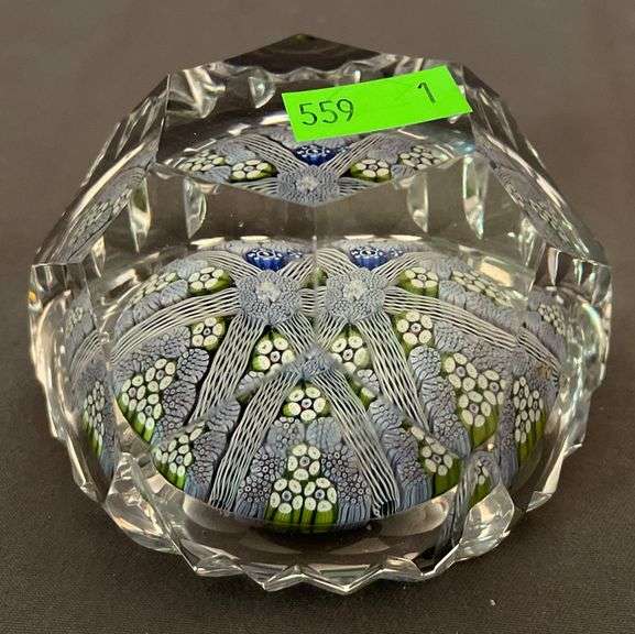 Faceted Glass Paperweight with Millefiori Design - Metzger Property ...