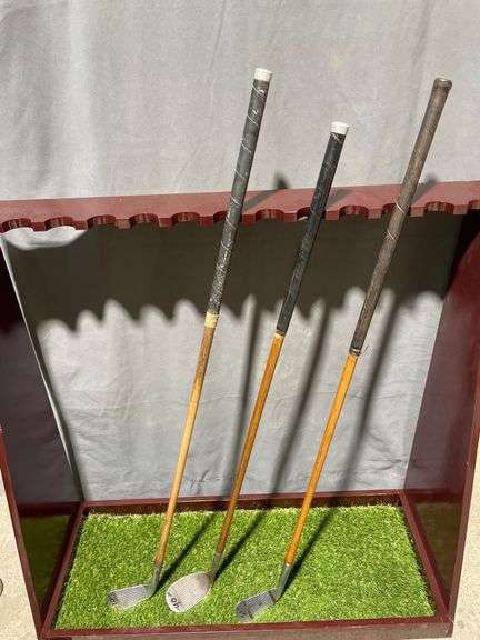 Three Golf Irons with Steel Heads and Wooden Shafts STAND NOT INCLUDED ...