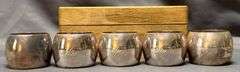 Set of 5 Napkin Rings Marked Sterling 950 with Etched Names and Wood ...