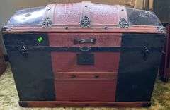 Camel Back Trunk with Embossed Panels, Metal Hardware, and Wood Accents ...