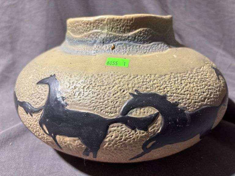Stoneware Vase with Black Horse Motif - Metzger Property Services, LLC
